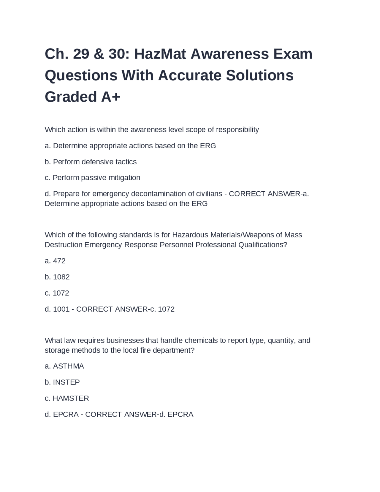 Ch. 29 & 30: HazMat Awareness Exam Questions With Accurate Solutions ...
