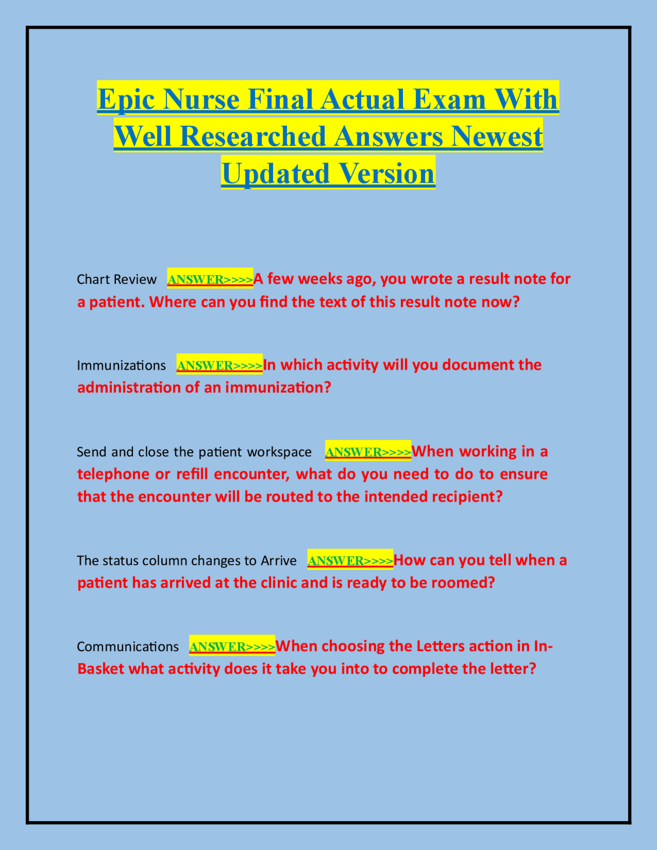Epic Nurse Final Actual Exam With Well Researched Answers Newest ...