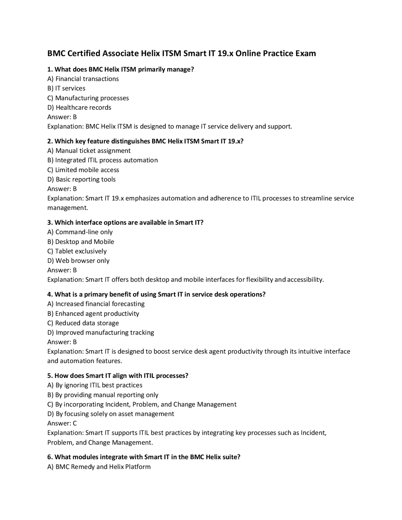BMC Certified Associate Helix ITSM Smart IT 19.x Online Exam | Exams ...