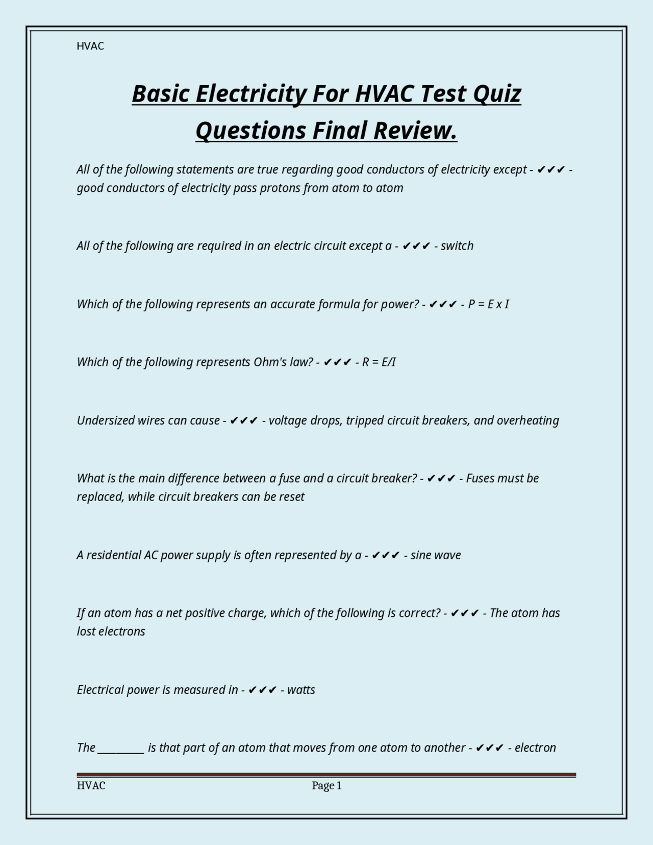 HVAC Basic Electricity For HVAC Test Quiz Questions Final Review ...
