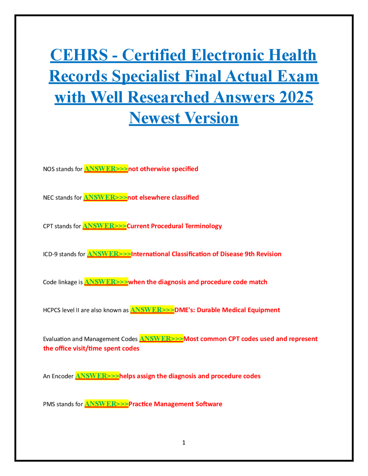 CEHRS - Certified Electronic Health Records Specialist Final Actual ...