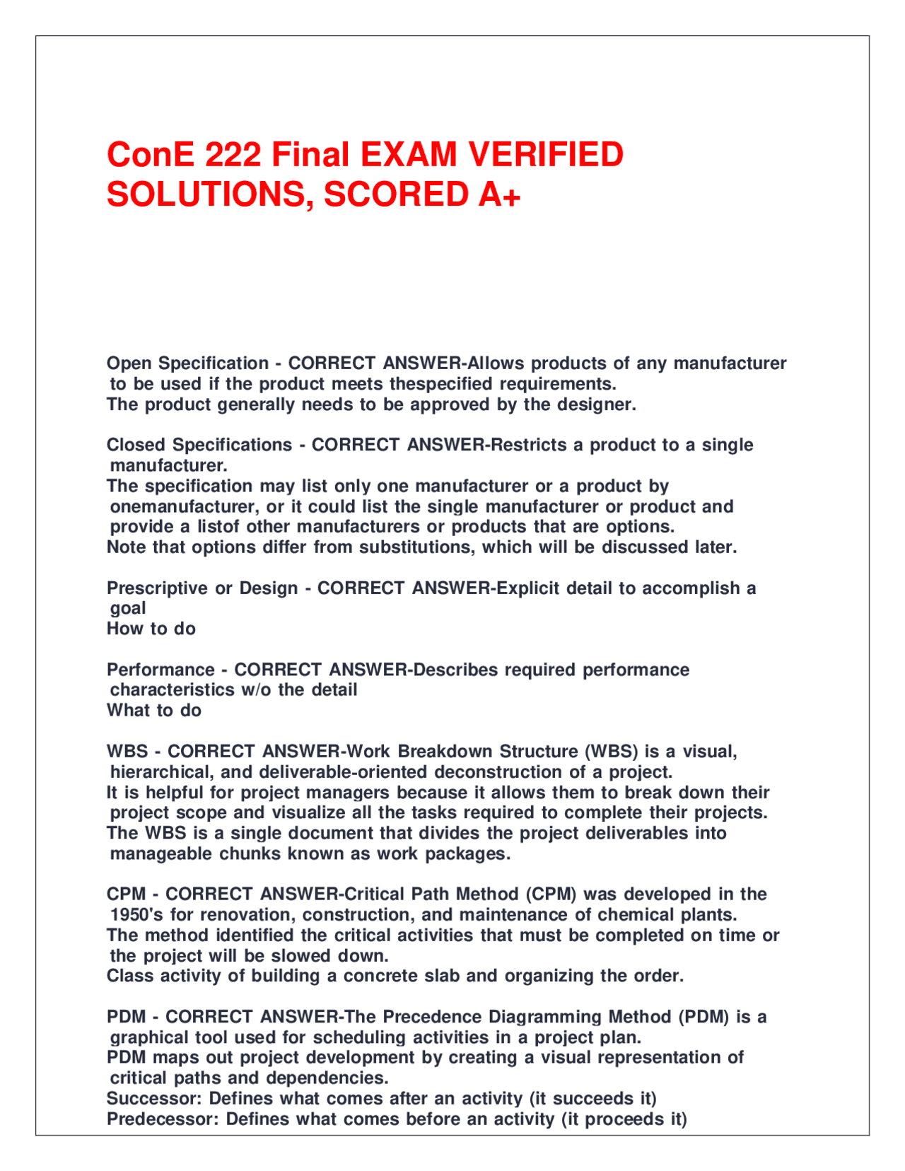 ConE 222 Final Exam: Project Management Concepts and Techniques | Exams ...
