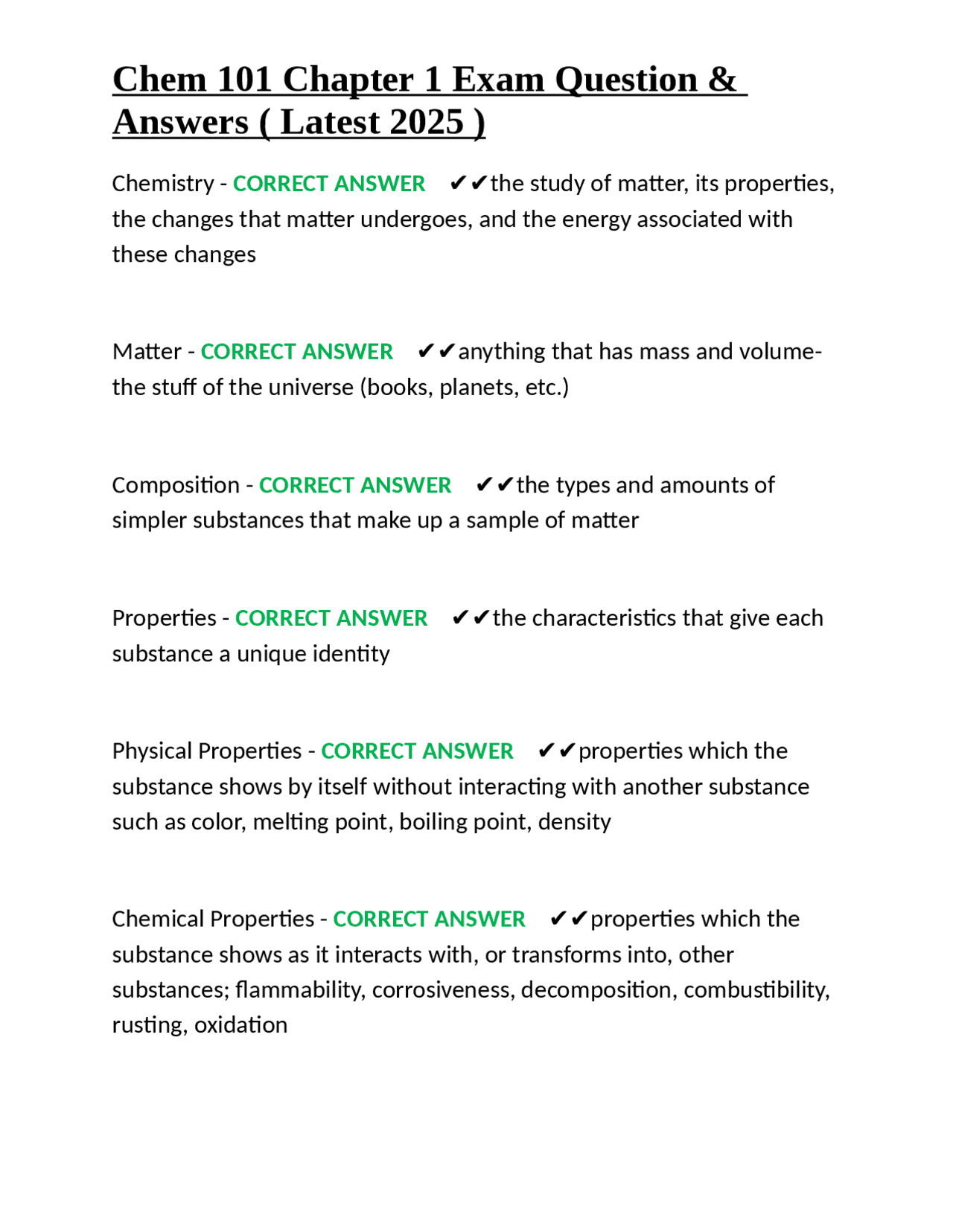 Chem 101 Chapter 1 Exam Questions and Answers | Exams Nursing | Docsity