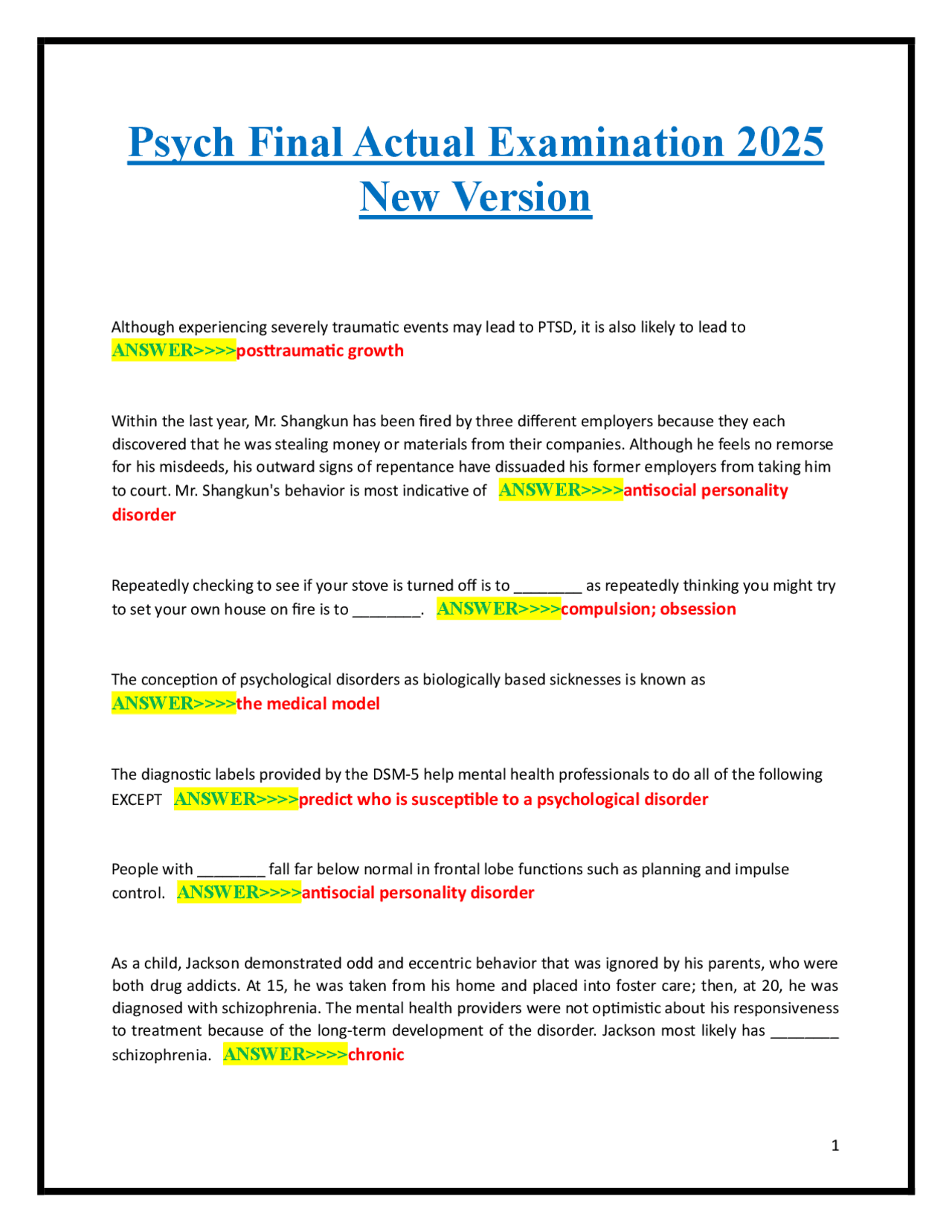 Psychology Final Examination: Multiple Choice Questions and Answers ...
