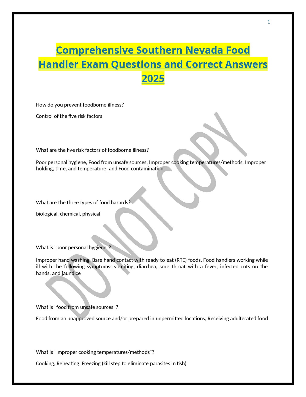 Comprehensive Southern Nevada Food Handler Exam Questions and Answers ...