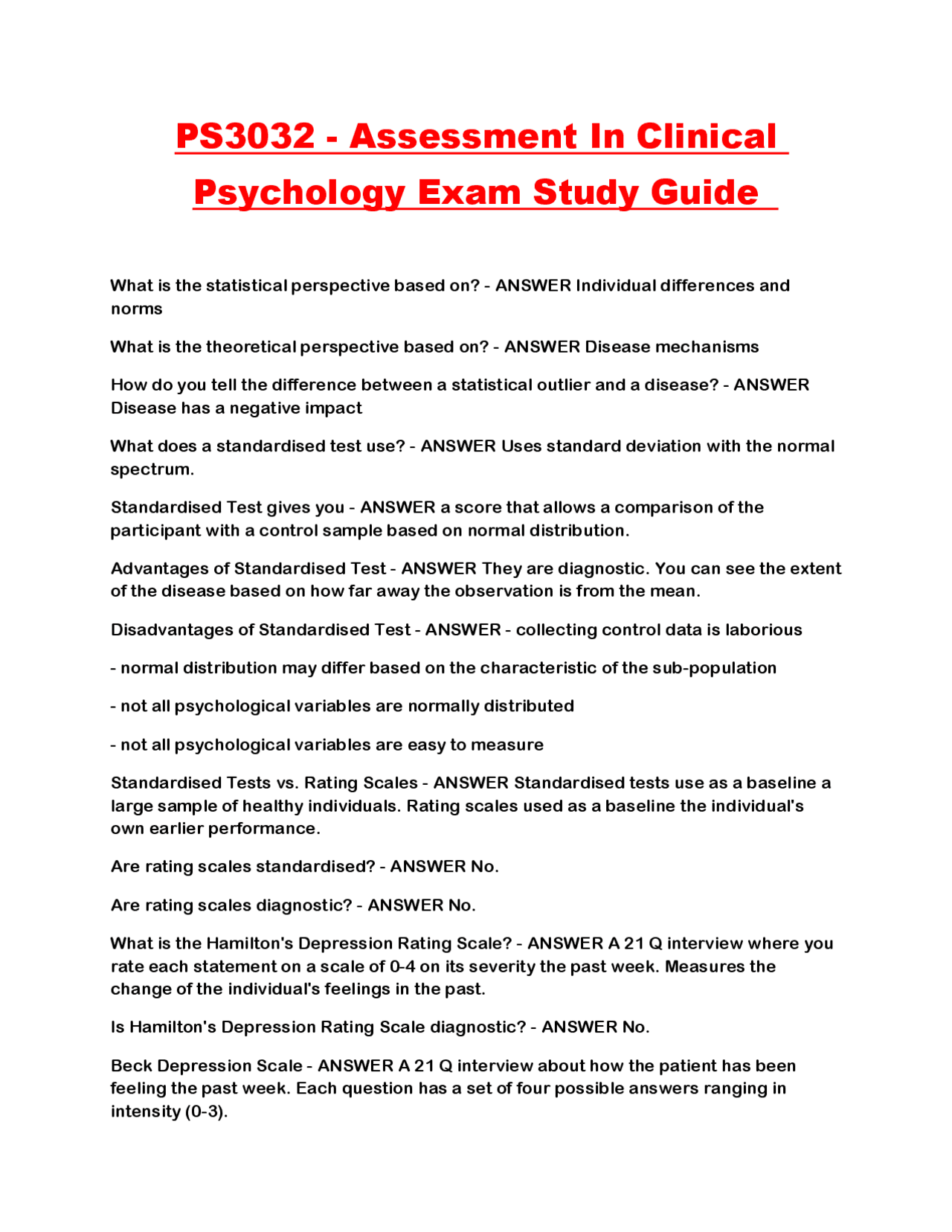 Assessment in Clinical Psychology Exam Study Guide: Key Concepts and ...