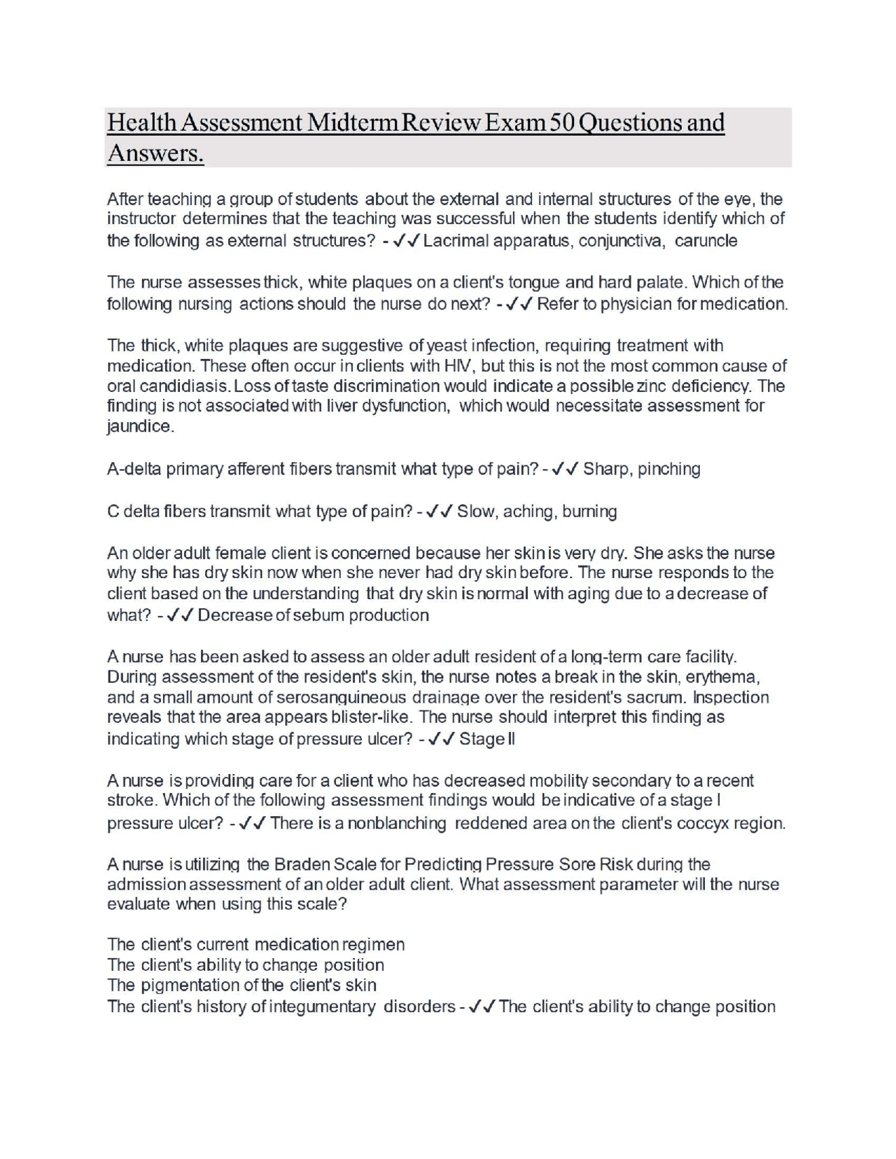 Health Assessment Midterm Review Exam 50 Questions and Answers. | Exams ...