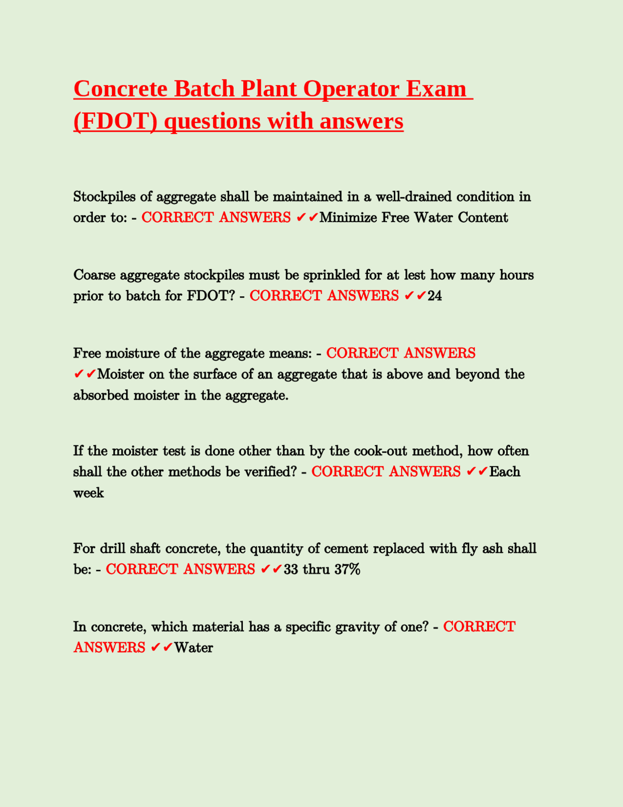 Concrete Batch Plant Operator Exam (FDOT) questions with answers ...