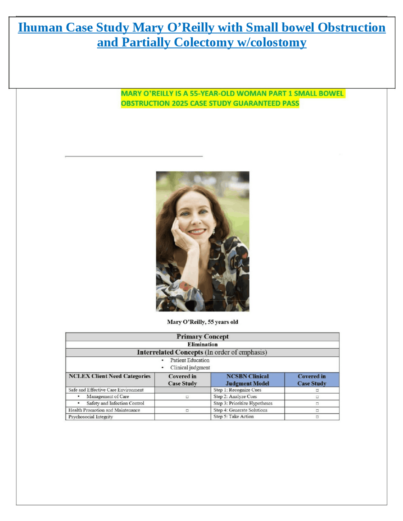 Small Bowel Obstruction Case Study: Mary O'Reilly | Exams Nursing | Docsity