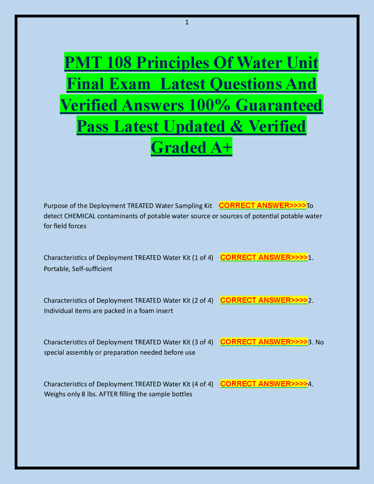 PMT 108 Principles Of Water Unit Final Exam Latest Questions And ...