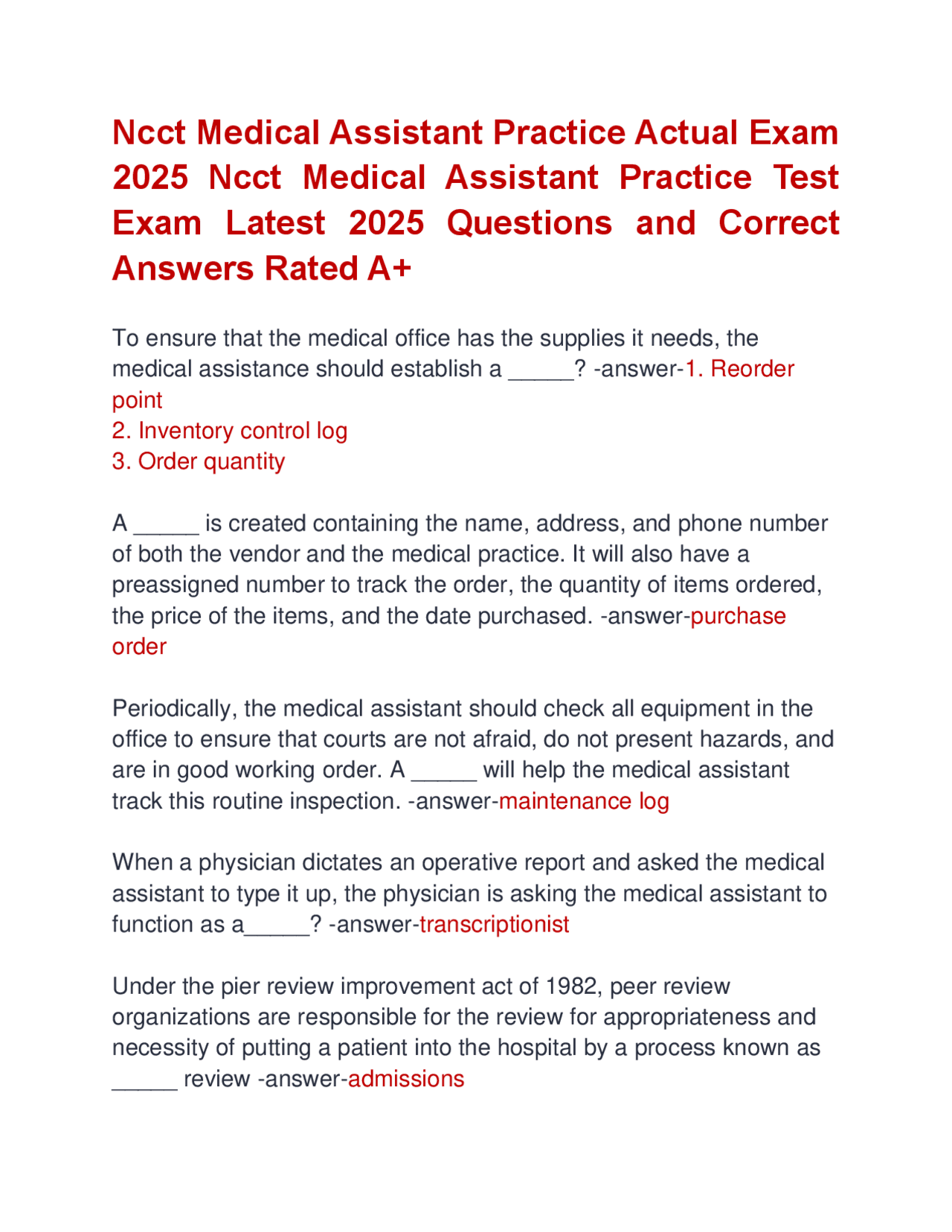 Ncct Medical Assistant Practice Actual Exam 2025 Ncct Medical Assistant ...