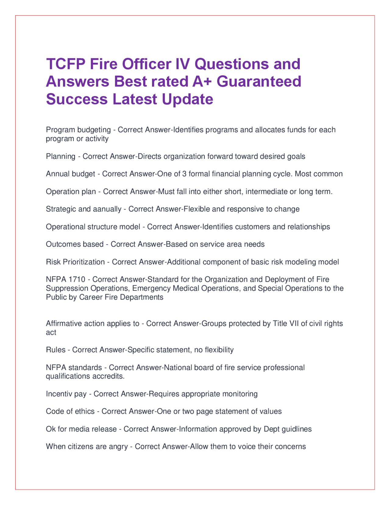 TCFP Fire Officer IV Questions and Answers Best rated A+ Guaranteed ...