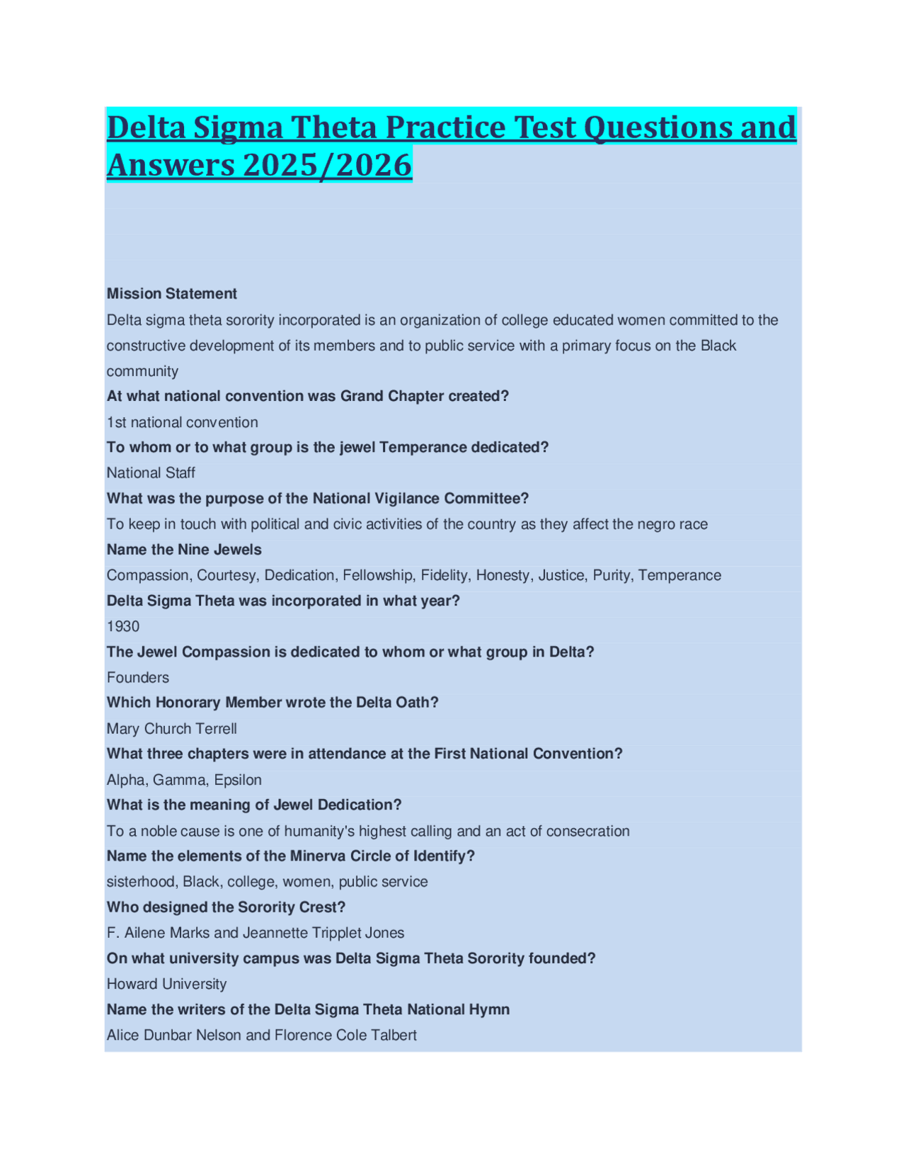 Delta Sigma Theta Practice Test Questions and Answers 2025/2026 | Exams ...