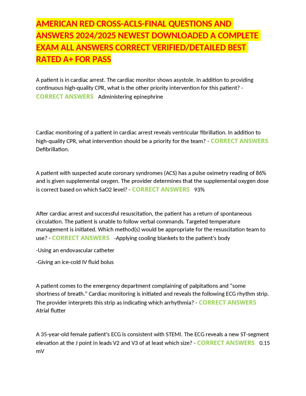 AMERICAN RED CROSS-ACLS-FINAL QUESTIONS AND ANSWERS 2024/2025 NEWEST ...