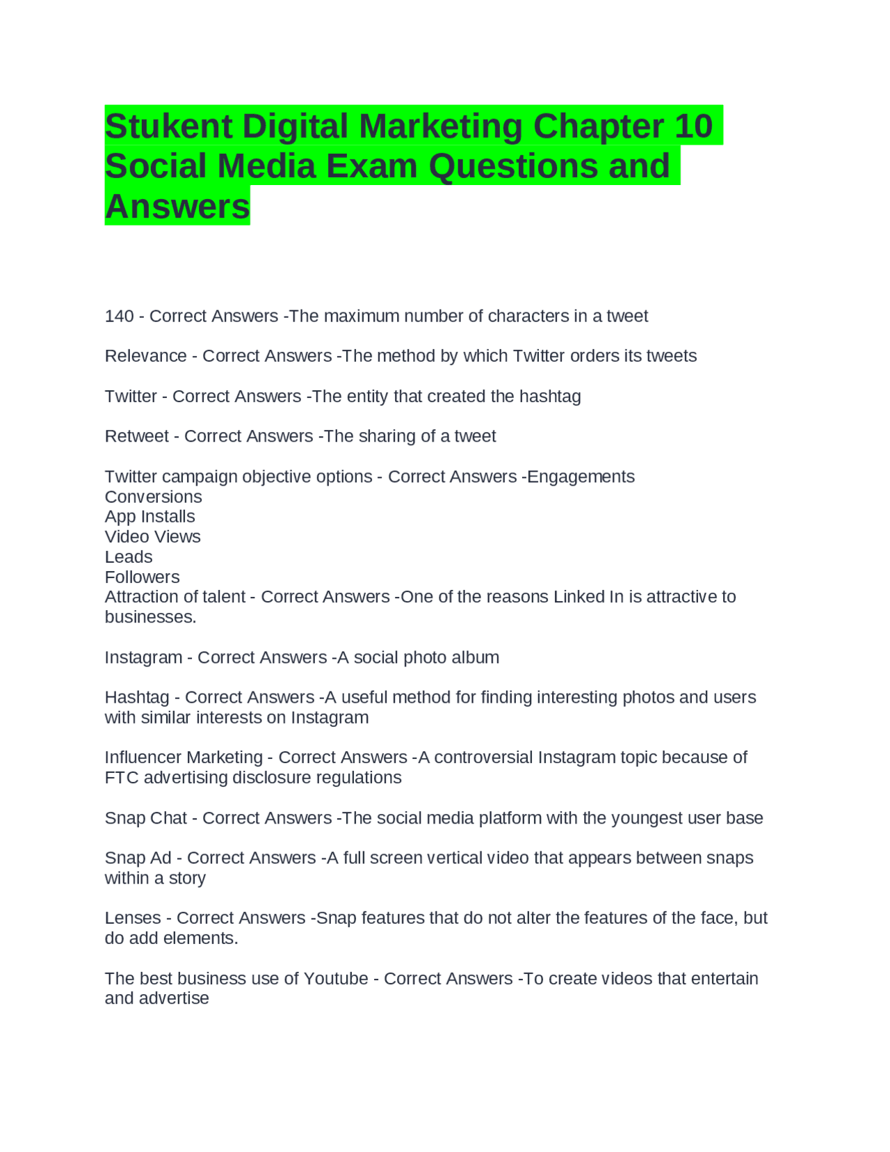 Stukent Digital Marketing Chapter 10 Social Media Exam Questions and Answers | Exams Advanced ...