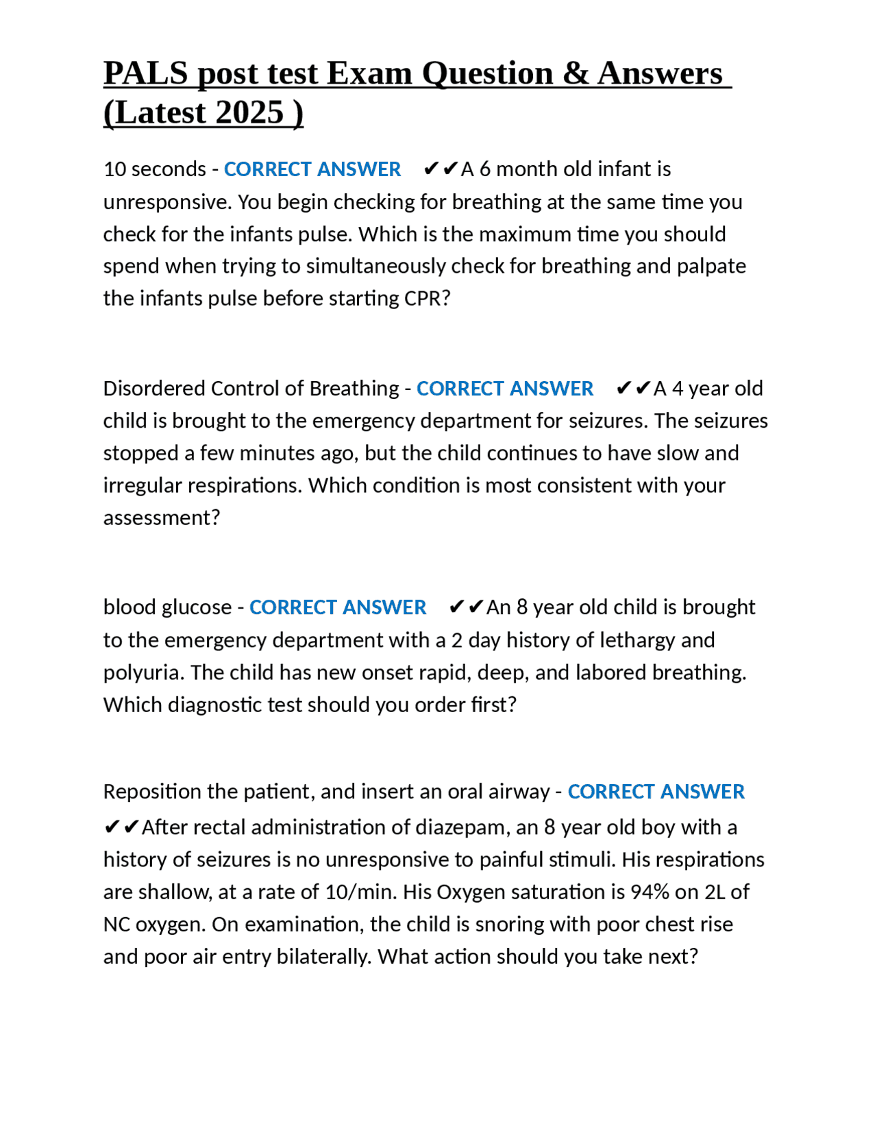 PALS Post-Test Exam Questions and Answers (Latest 2025) | Exams Nursing ...