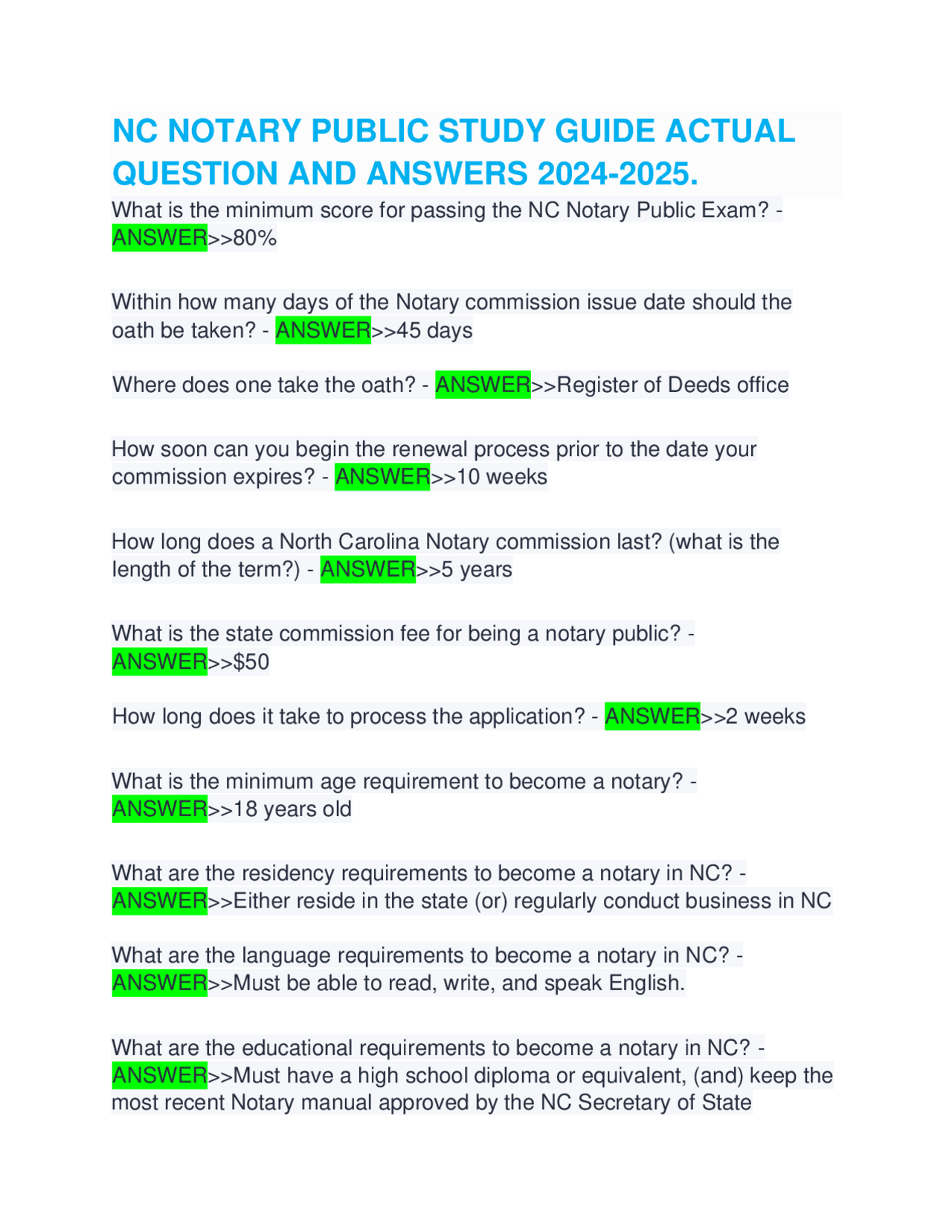 NC NOTARY PUBLIC STUDY GUIDE ACTUAL QUESTION AND ANSWERS 2024-2025 ...