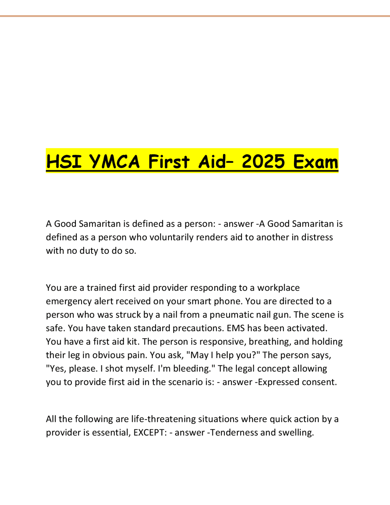 HSI YMCA First Aid– 2025 Exam.pdf | Exams Nursing | Docsity