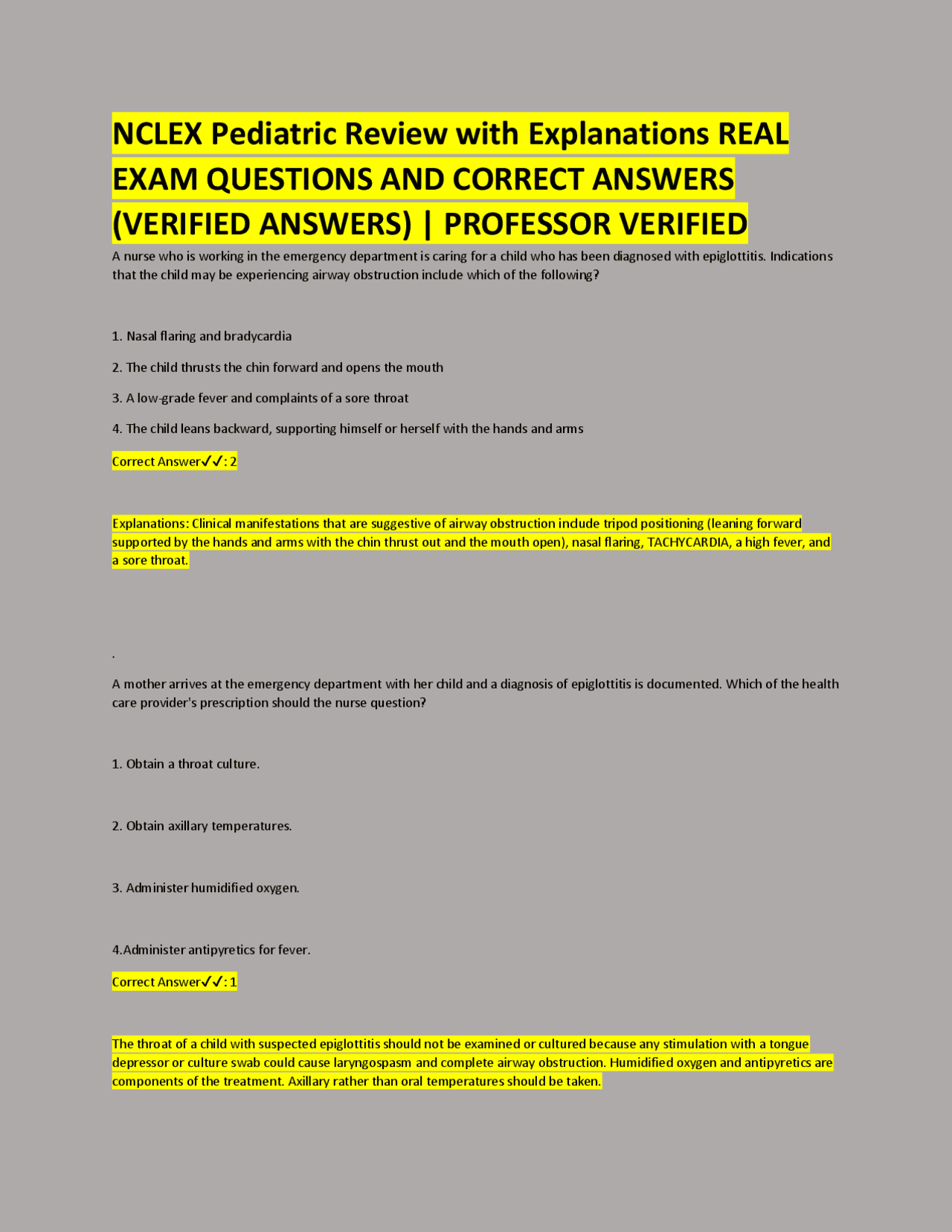 NCLEX Pediatric Review with Explanations REAL EXAM QUESTIONS AND ...