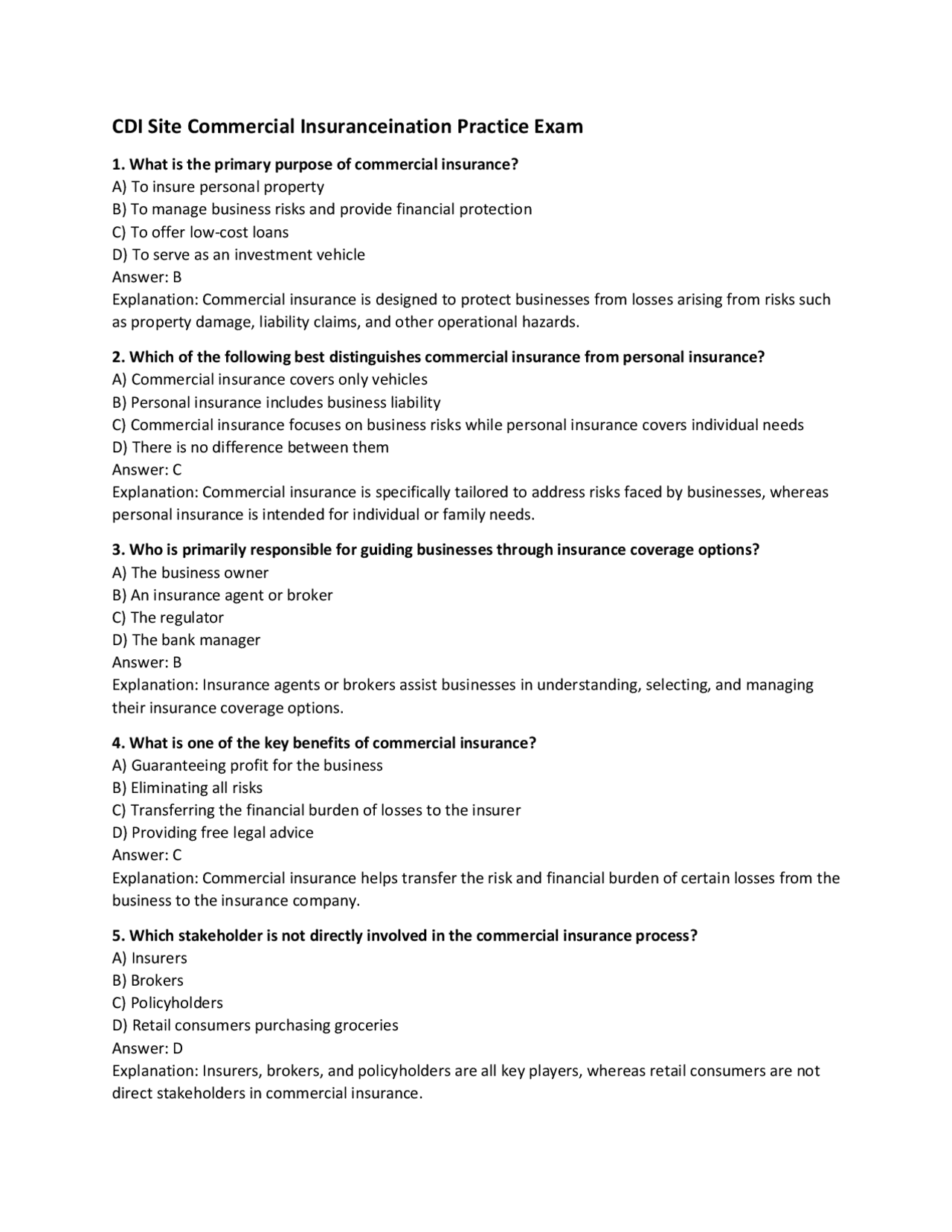 CDI Site Commercial Insuranceination Exam | Exams Technology | Docsity