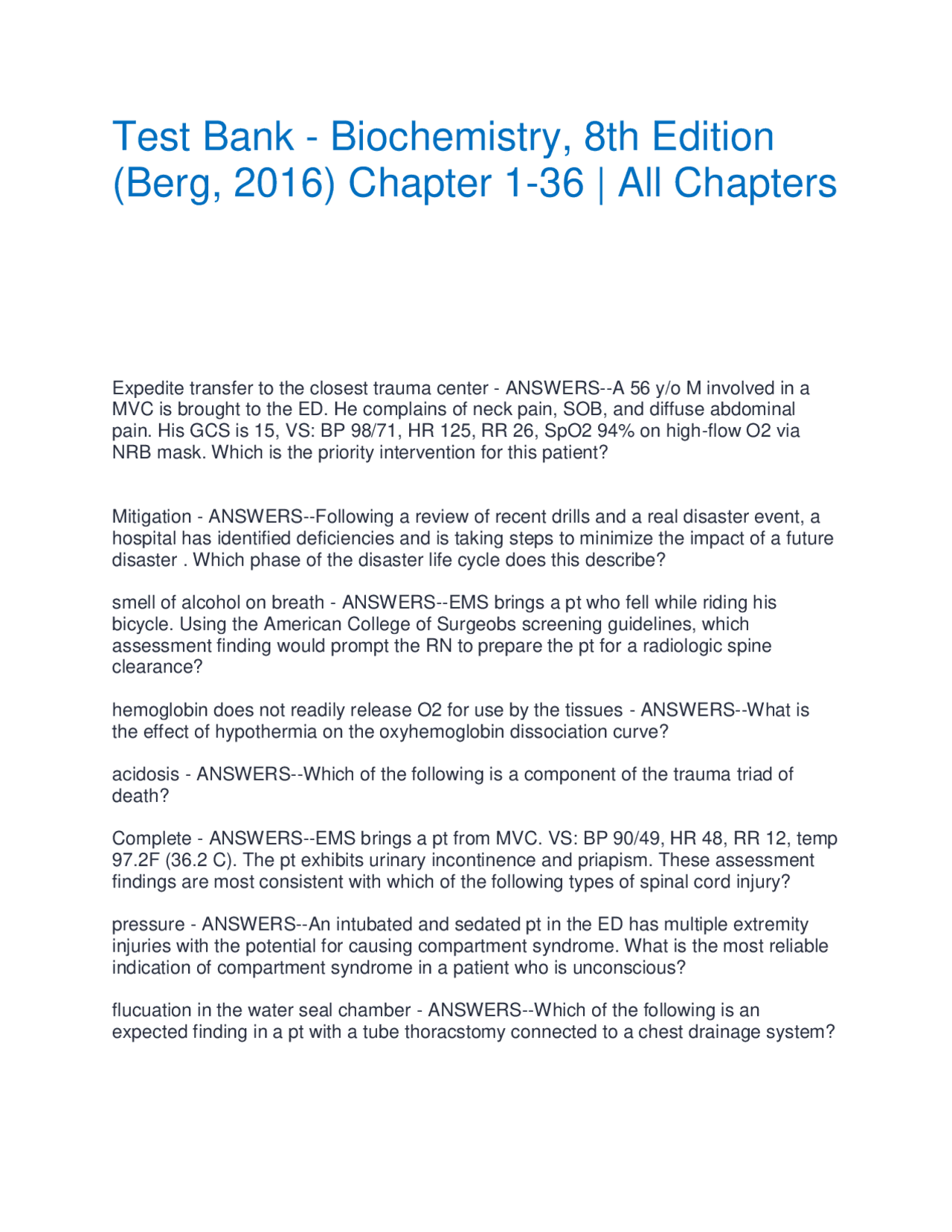 Test Bank - Biochemistry, 8th Edition (Berg, 2016) Chapter 1-36 | All ...
