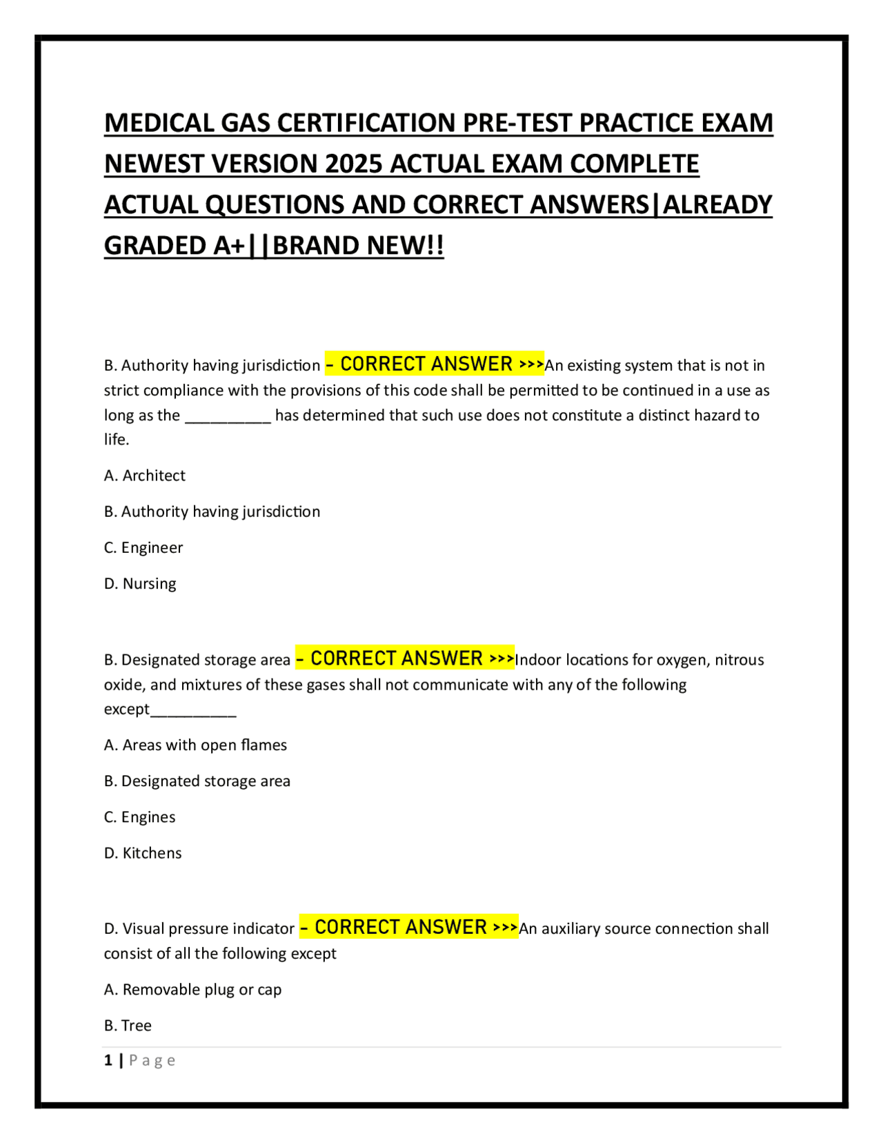 Medical Gas Certification Pre-Test Practice Exam: Newest Version 2025 ...