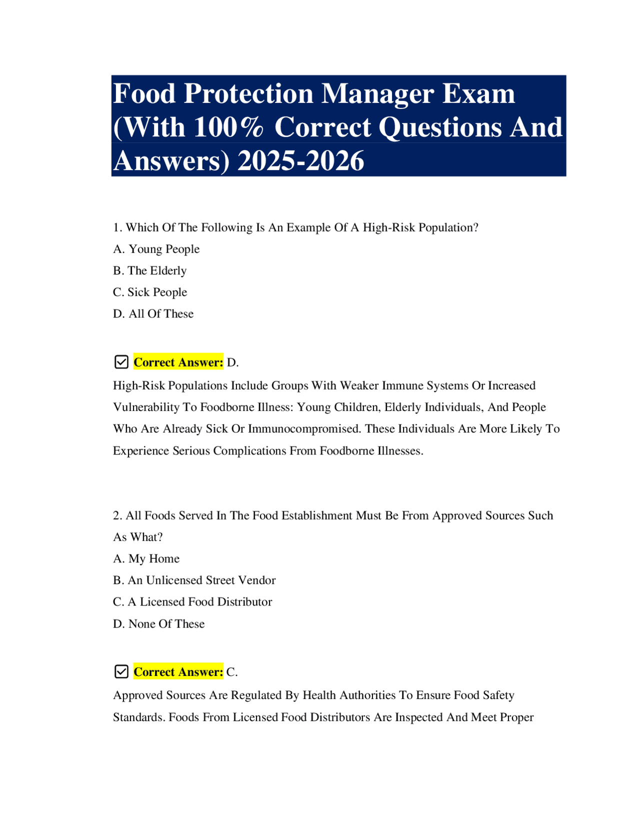 Food Protection Manager Exam: Multiple Choice Questions and Answers ...