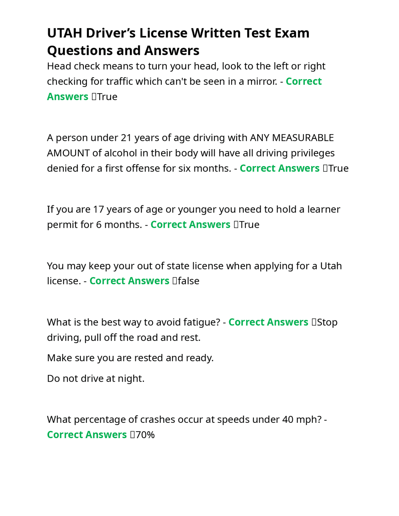 UTAH Driver’s License Written Test Exam Questions and Answers | Exams ...