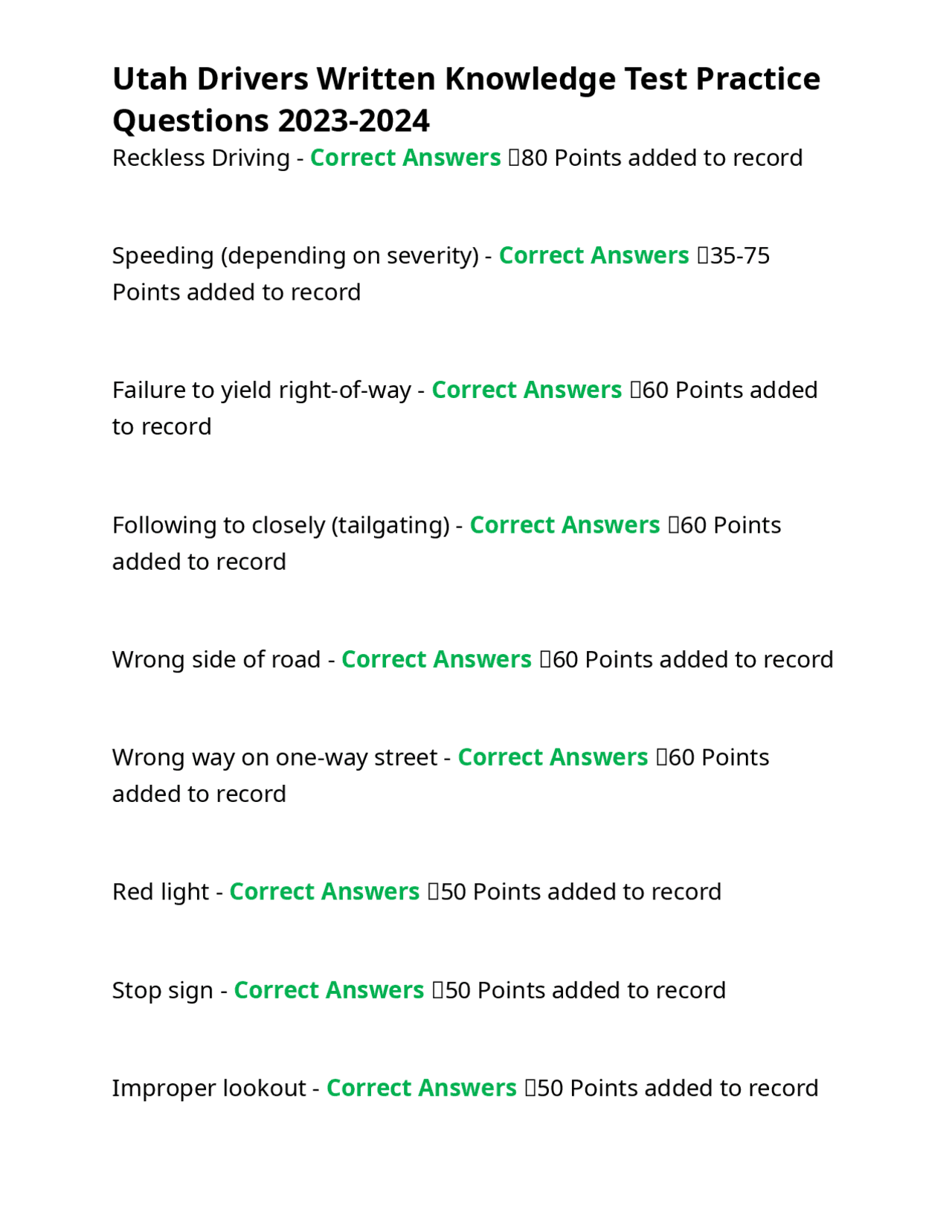 Utah Drivers Written Knowledge Test Practice Questions 2023-2024 ...