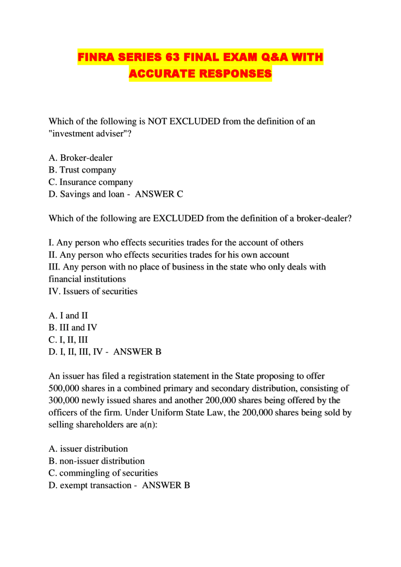 FINRA SERIES 63 FINAL EXAM Q&A WITH ACCURATE RESPONSES | Exams Law ...