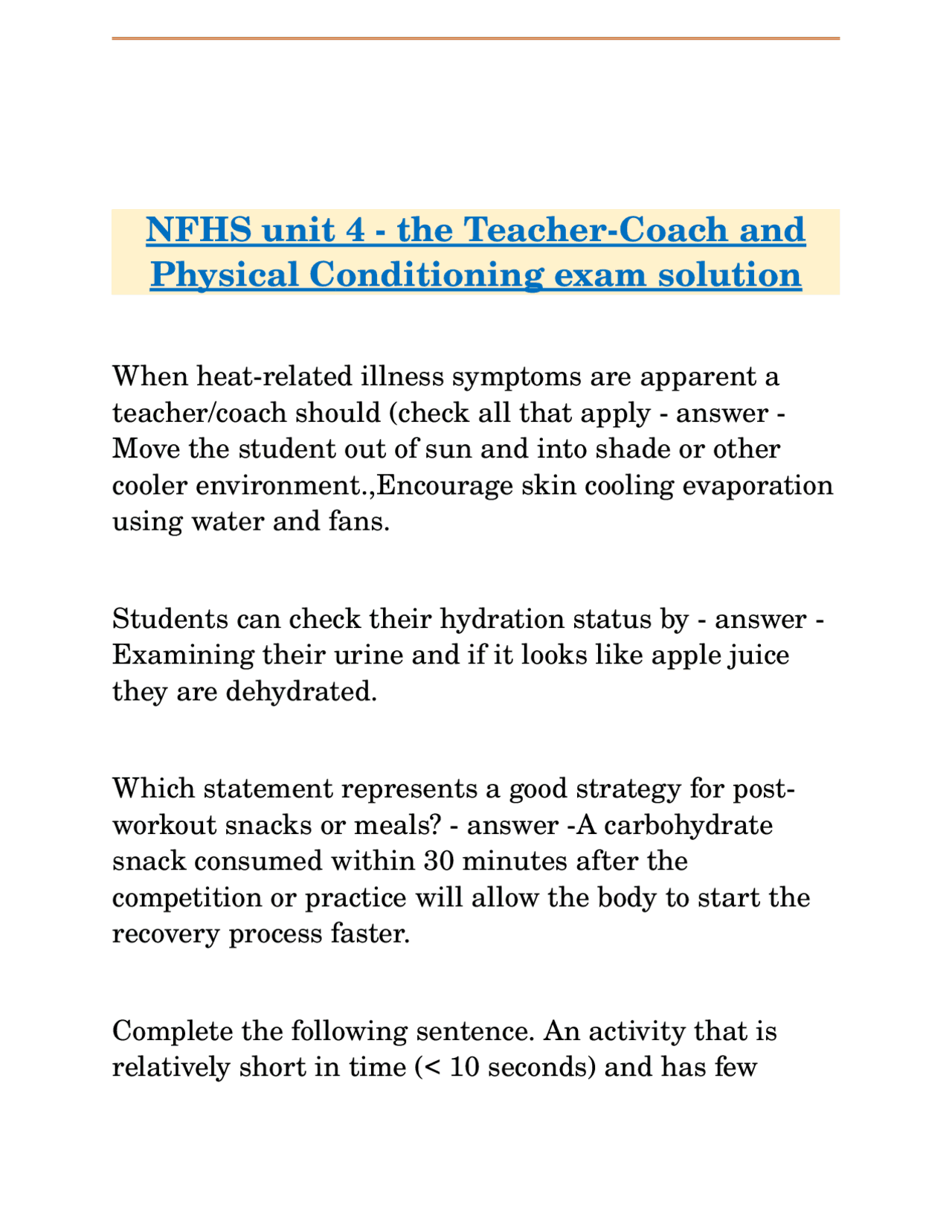 NFHS Unit 4: Teacher-Coach and Physical Conditioning Exam Solutions | Exams Nursing | Docsity