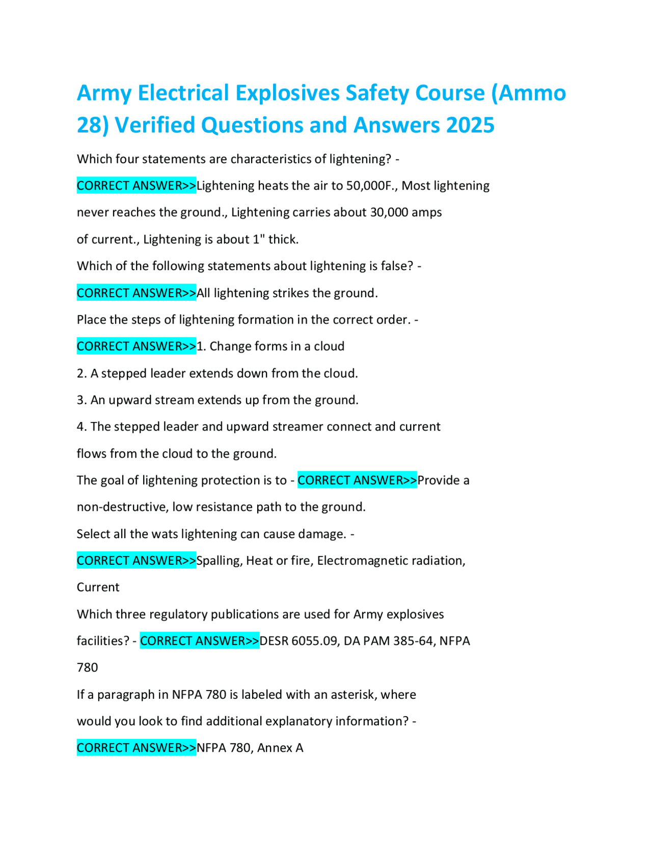 Army Electrical Explosives Safety Course (Ammo 28) Verified Questions ...