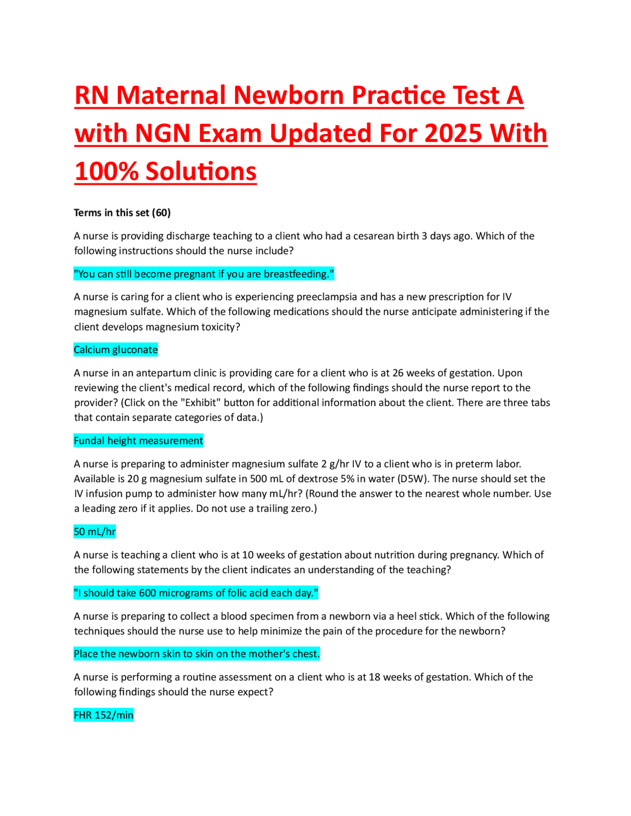 RN Maternal Newborn Practice Test A with NGN Exam Updated For 2025 With ...