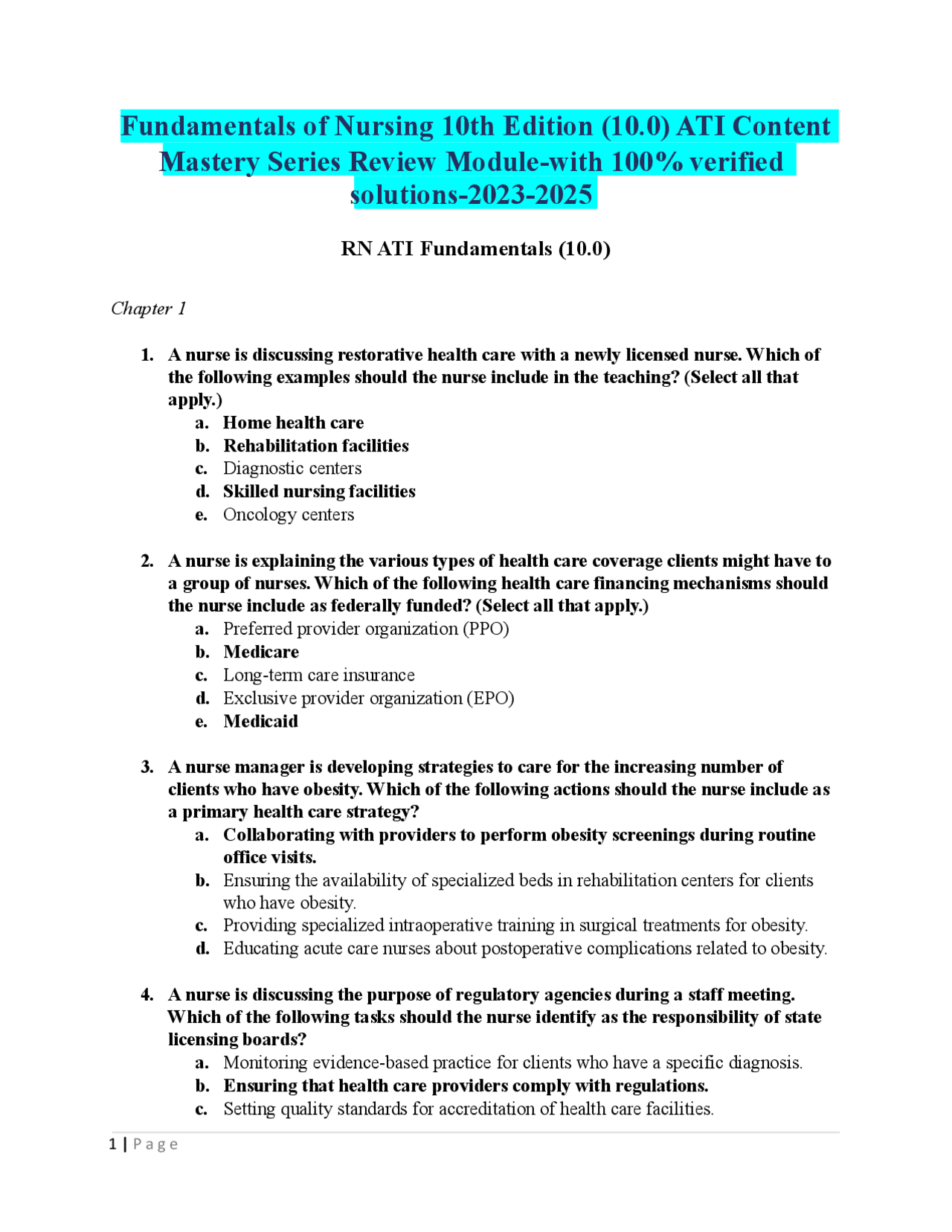 Fundamentals of Nursing 10th Edition (10.0) ATI Content Mastery Series ...