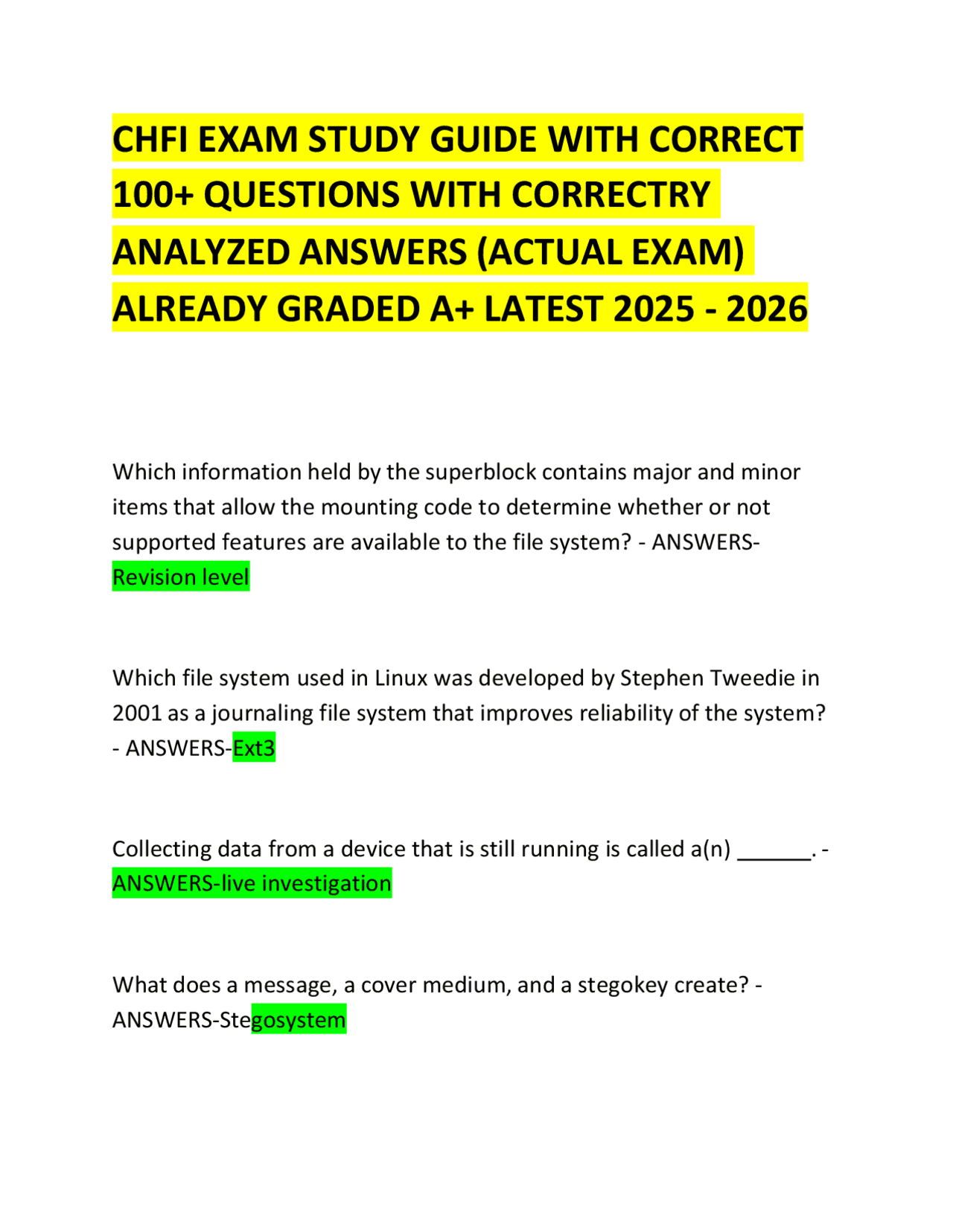 CHFI EXAM STUDY GUIDE WITH CORRECT 100+ QUESTIONS WITH CORRECTRY ...