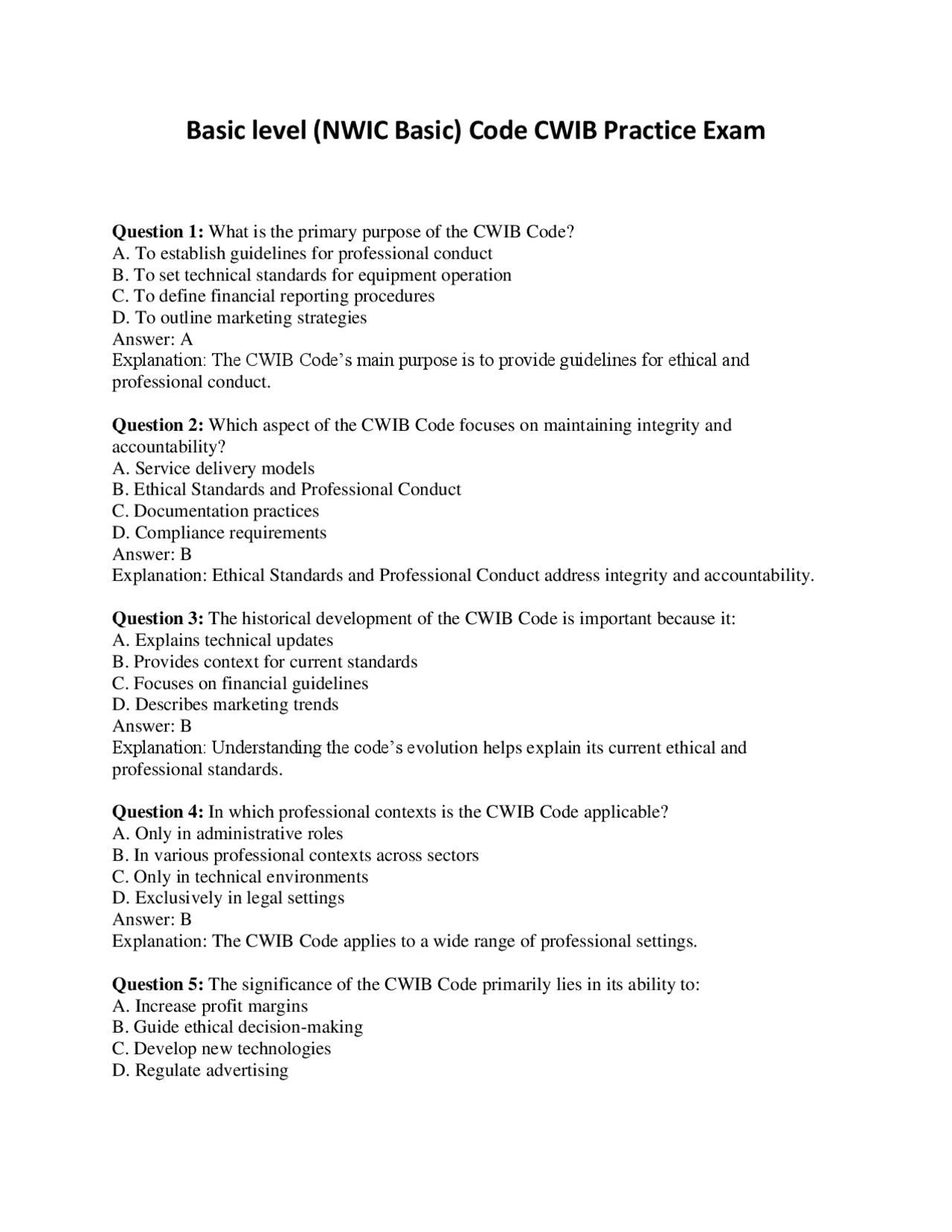 Basic level (NWIC Basic) Code CWIB Exam | Exams Technology | Docsity