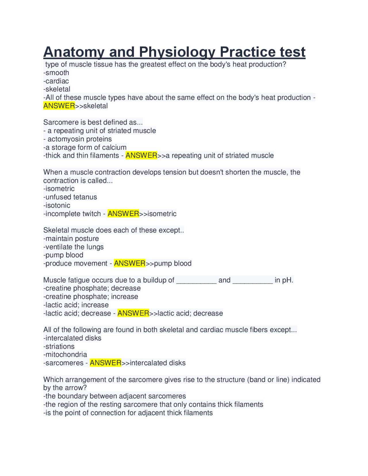 Anatomy and Physiology Practice Test: Muscle Tissue and Contraction ...