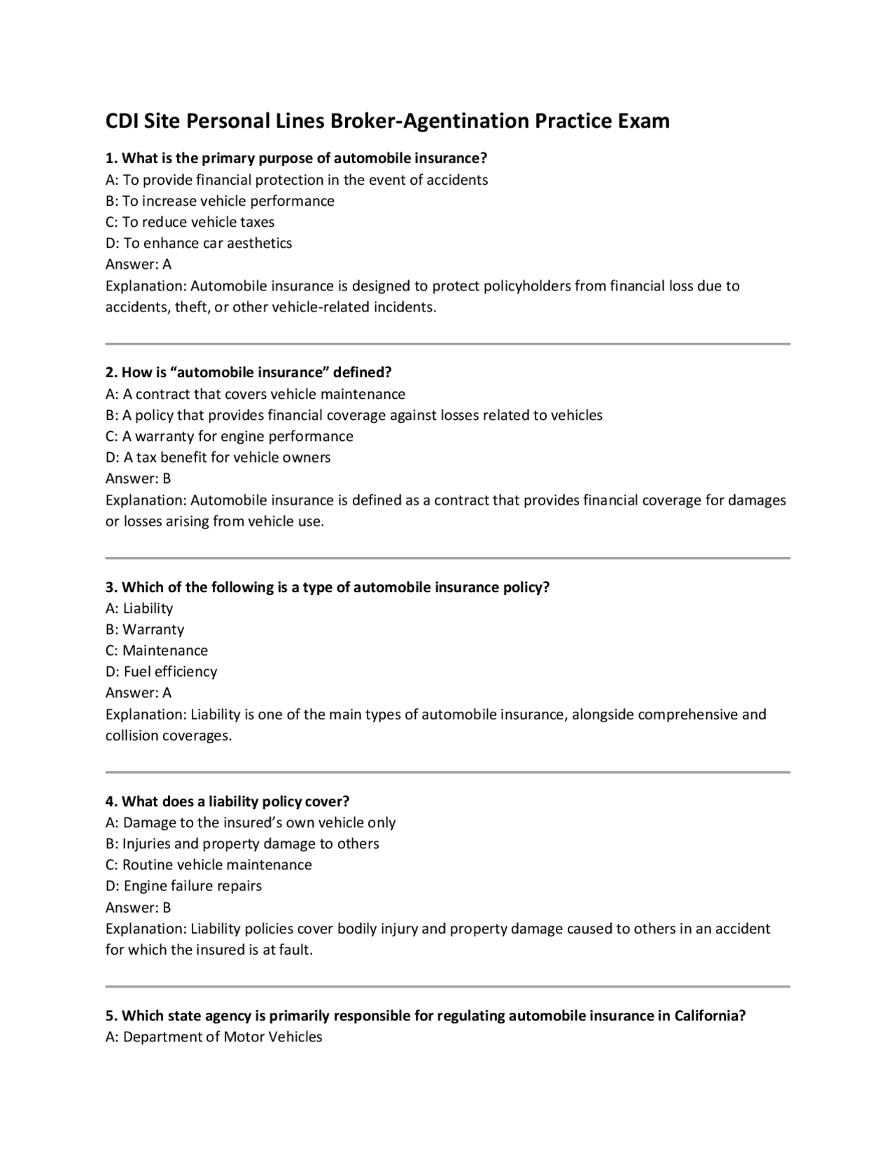 CDI Site Personal Lines Broker-Agentination Exam | Exams Technology | Docsity