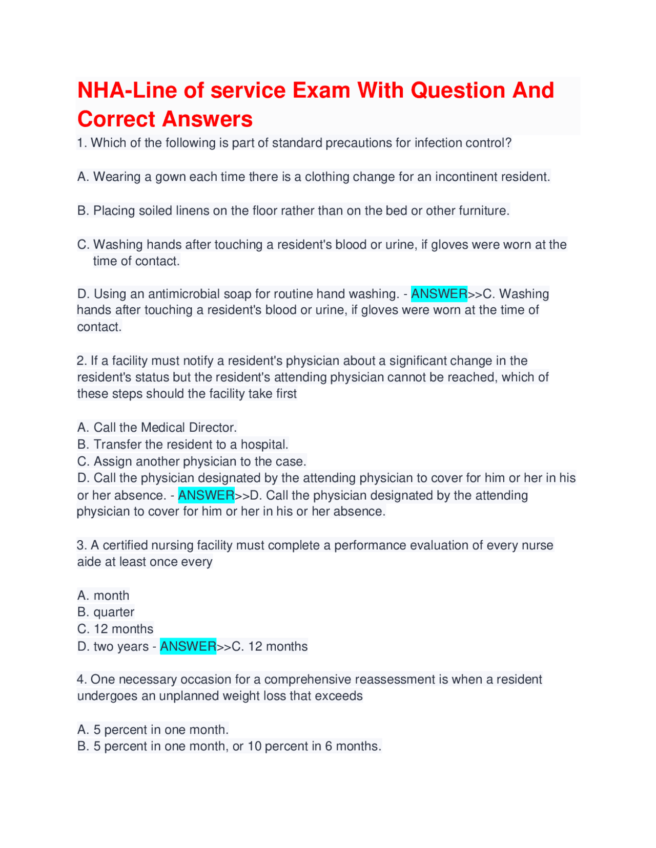 NHA-Line of service Exam With Question And Correct Answers | Exams ...