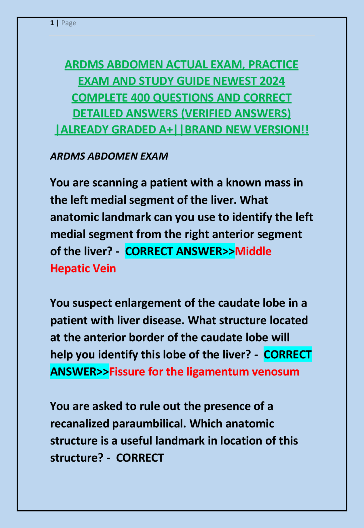 ARDMS ABDOMEN ACTUAL EXAM, PRACTICE EXAM AND STUDY GUIDE NEWEST 2024 ...