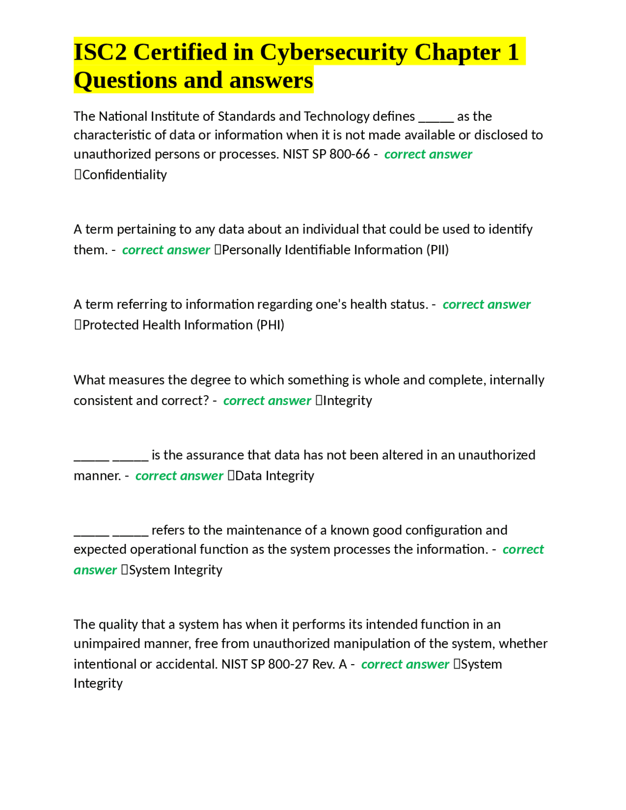 ISC2 Certified in Cybersecurity Chapter 1 Questions and answers | Exams Cybercrime ...
