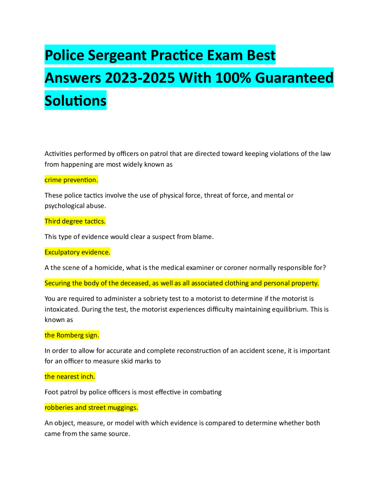 Police Sergeant Practice Exam Best Answers 2023-2025 With 100% ...