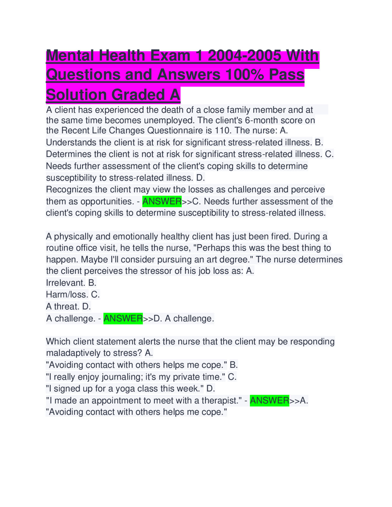 Mental Health Exam 1: Questions and Answers | Exams Nursing | Docsity