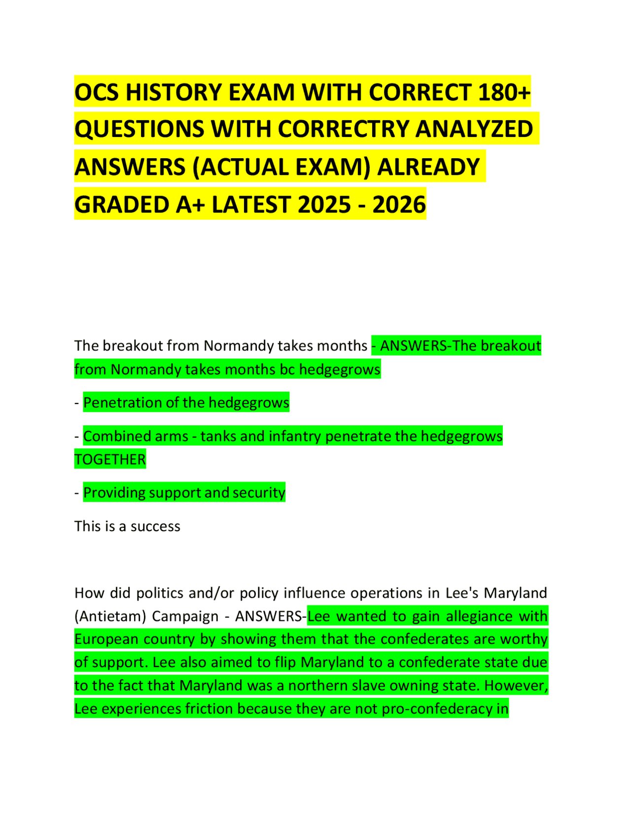 OCS HISTORY EXAM WITH CORRECT 180+ QUESTIONS WITH CORRECTRY ANALYZED ...