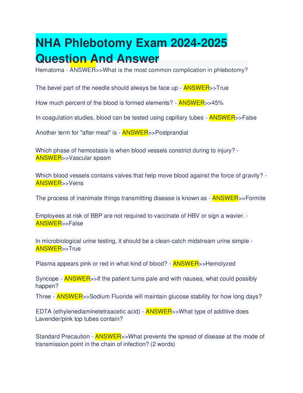 NHA Phlebotomy Exam 2024-2025 Question And Answer | Exams Health ...