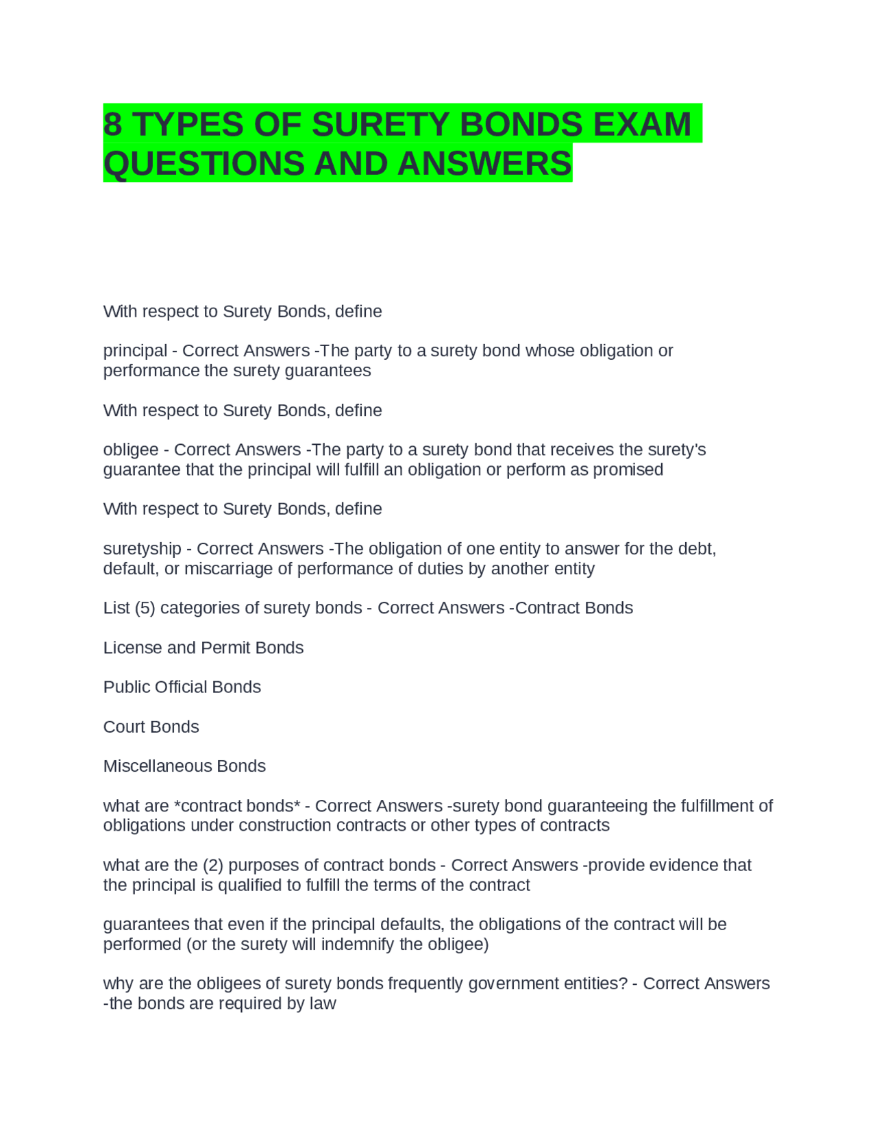 8 TYPES OF SURETY BONDS EXAM QUESTIONS AND ANSWERS | GRADED A | Exams ...