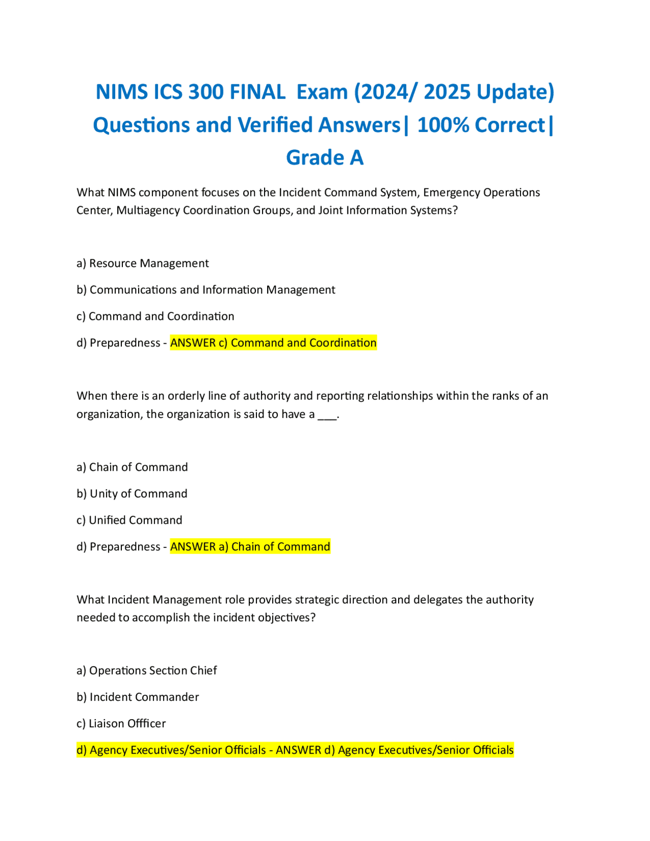 NIMS ICS 300 FINAL Exam (2024/ 2025 Update) Questions and Verified ...