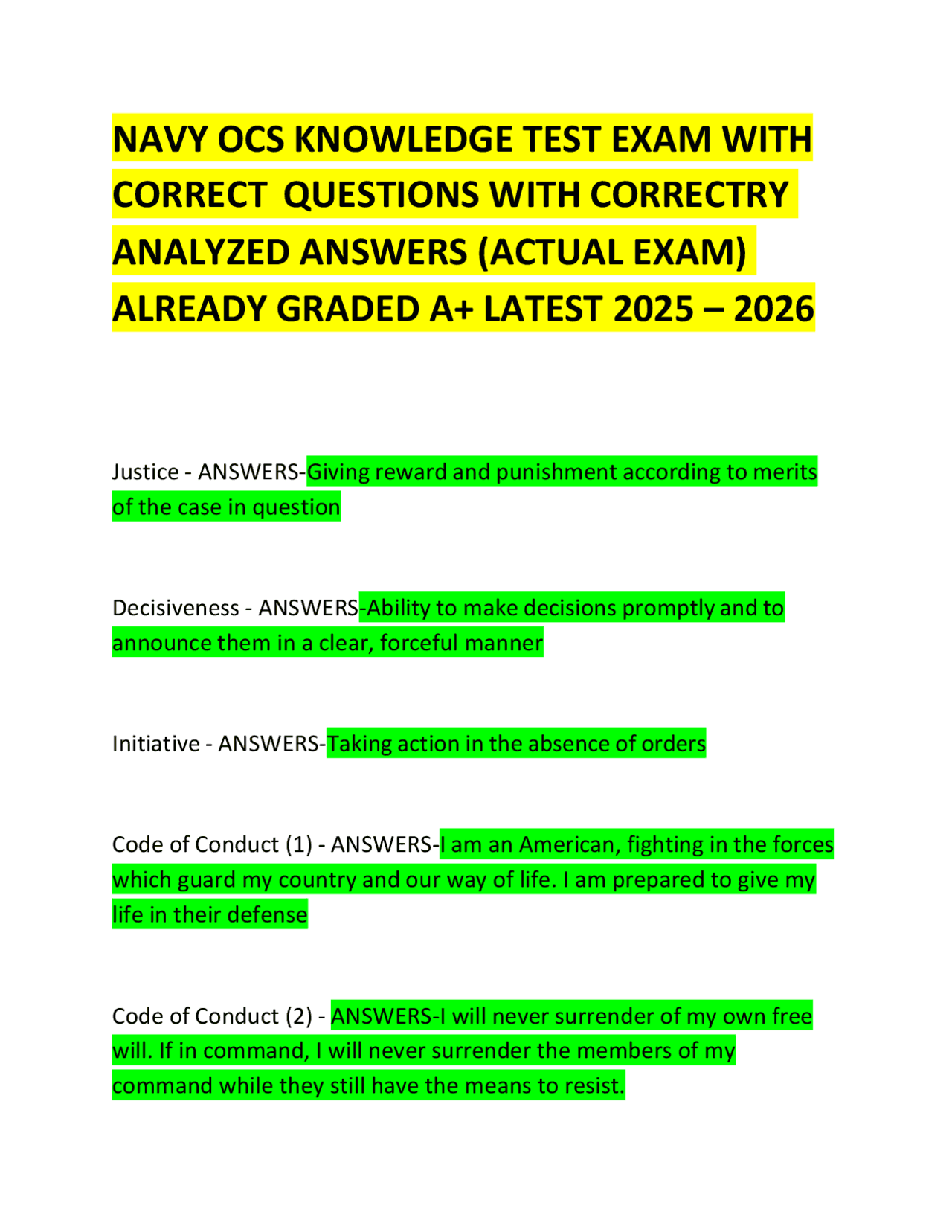 NAVY OCS KNOWLEDGE TEST EXAM WITH CORRECT QUESTIONS WITH CORRECTRY ...