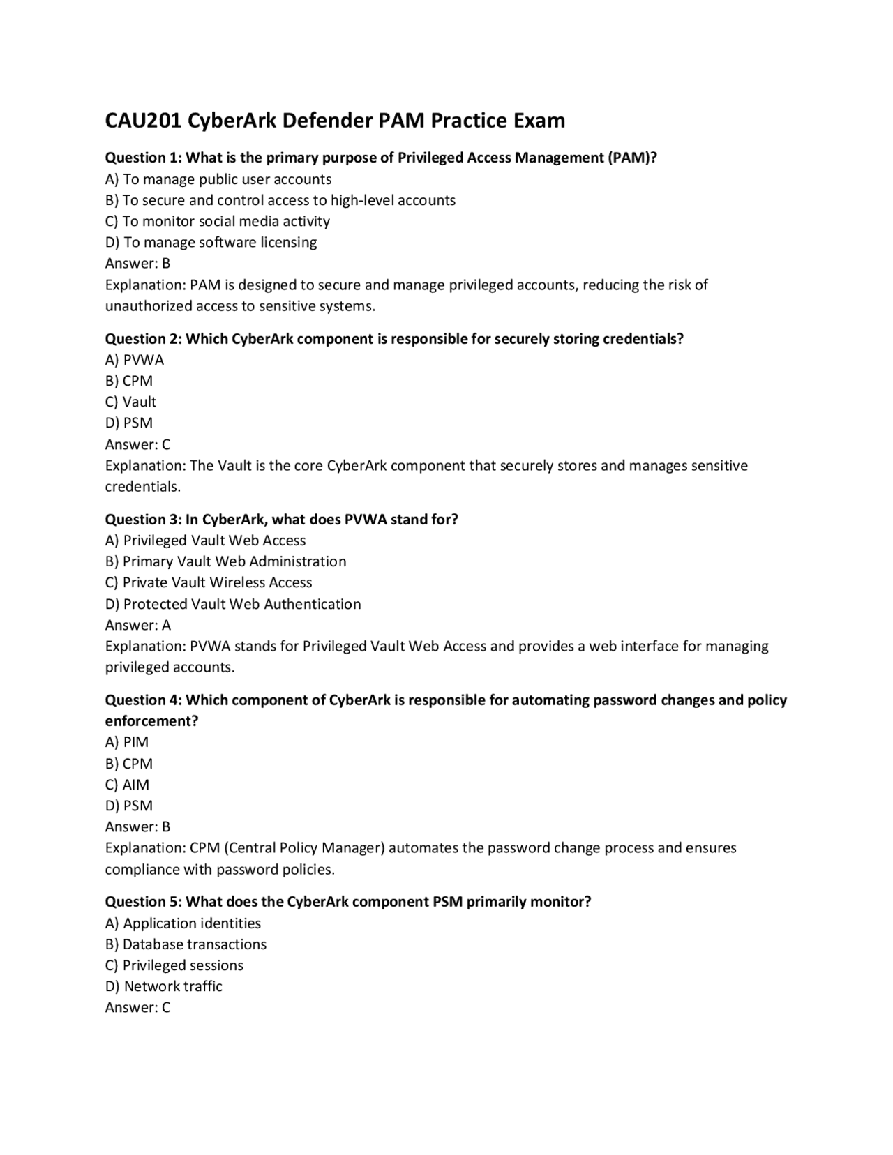 CAU201 CyberArk Defender PAM Exam | Exams Technology | Docsity