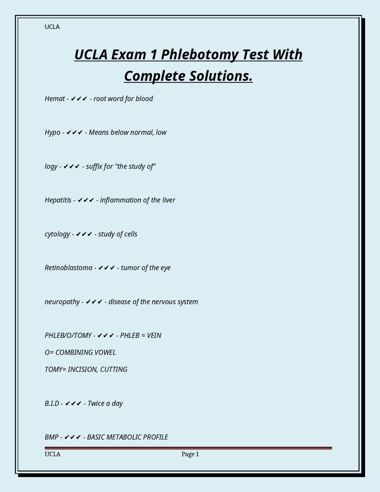 UCLA Exam 1 Phlebotomy Test With Complete Solutions. | Exams Advanced ...